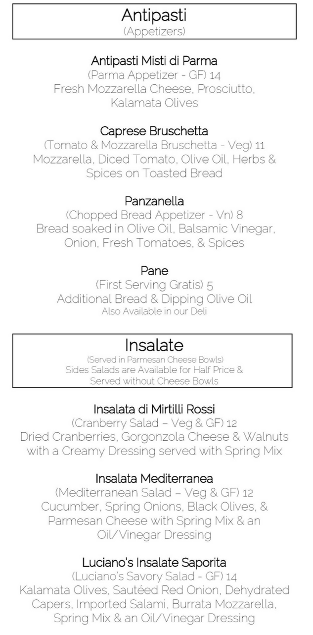 Dinner Menu - Luciano's